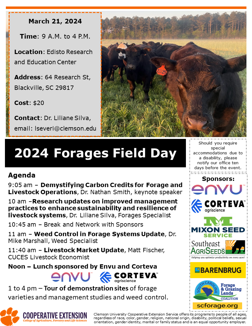 Clemson announces the 2024 Forages Field Day at the Edisto REC – Clemson Forages Team