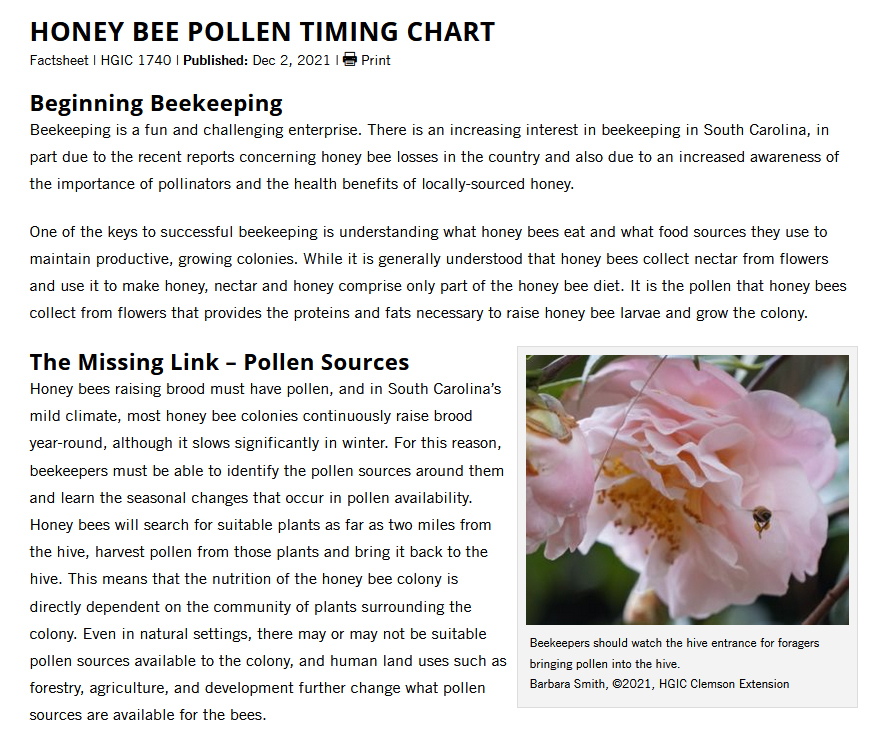 Pollen Timing Chart for Honey Bees Offered – Clemson Extension Upstate ...